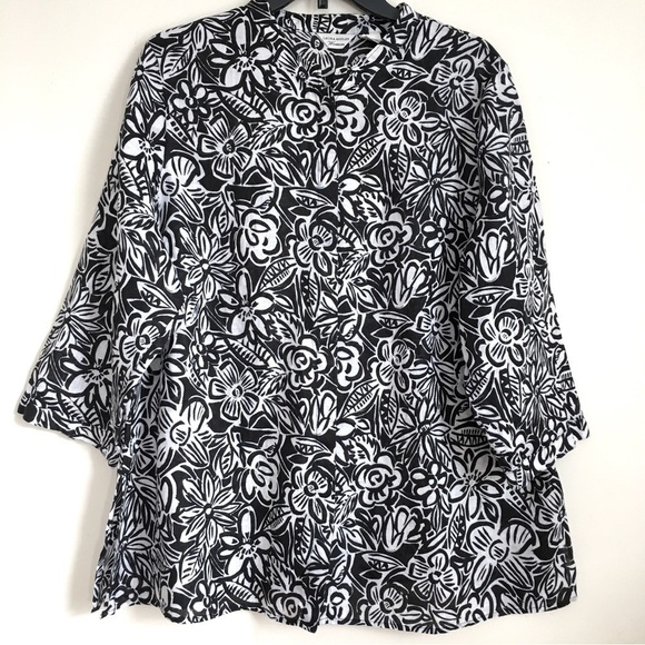 Laura Ashley | Tops | Laura Ashley 0 Linen Black White Floral Button Down Long Sleeve Blouse ...